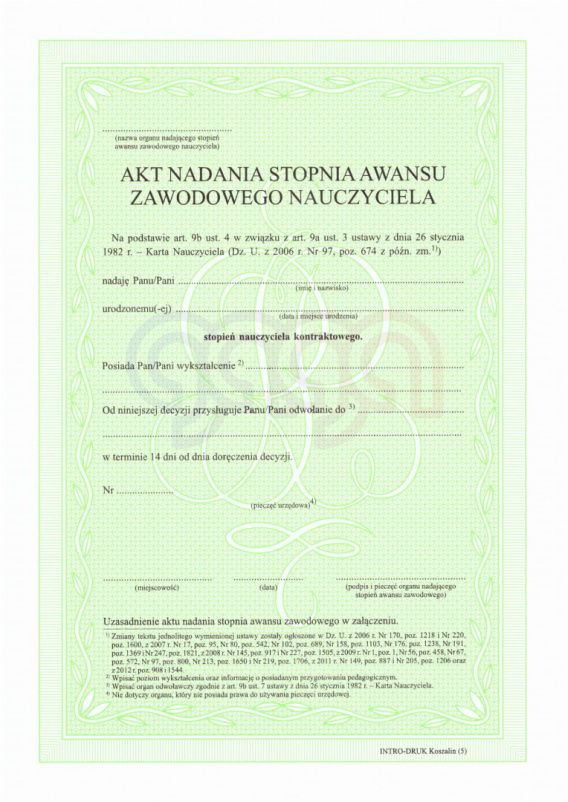 AKT NADANIA STOPNIA AWANSU ZAWODOWEGO NAUCZYCIELA KONTRAKTOWEGO > INTRO-DRUK